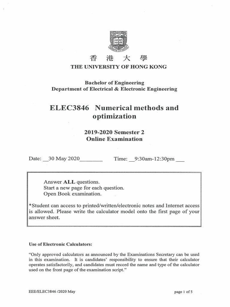 ELEC3846 Numerical Methods and Optimization: Bachelor of Engineering ...