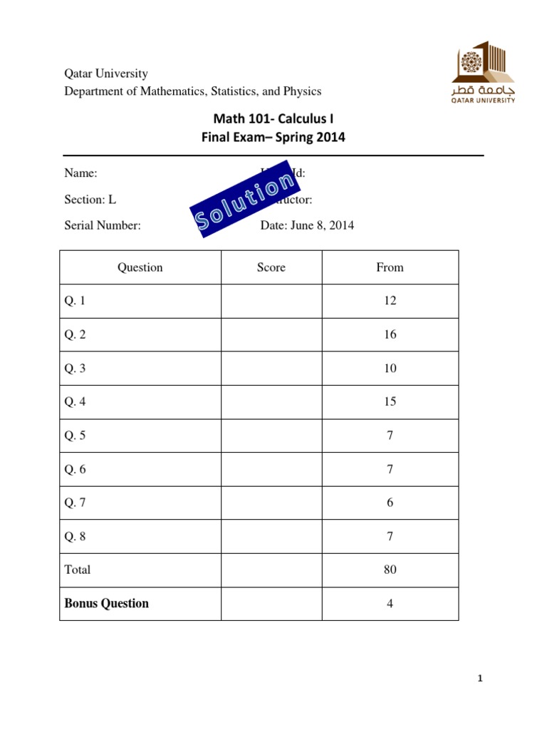 Math 101-Calculus I Final Exam - Spring 2014: Qatar University Department of Mathematics ...