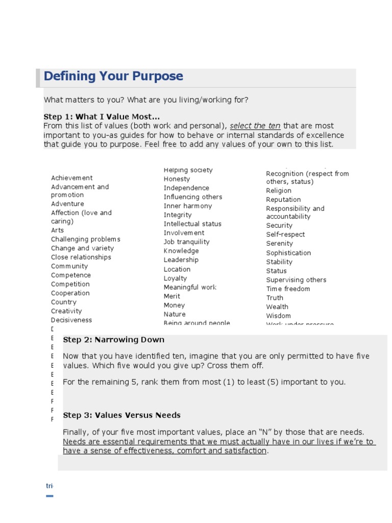 Defining Your Purpose: Step 1: What I Value Most.. | Download Free PDF ...