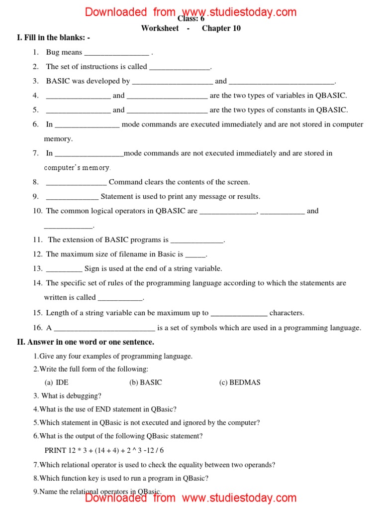Class 6 QBASIC Worksheet Answers | PDF