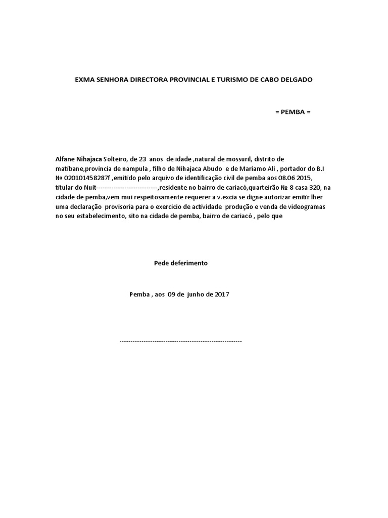 Exma Senhora Directora Provincial e Turismo de Cabo Delgado | PDF