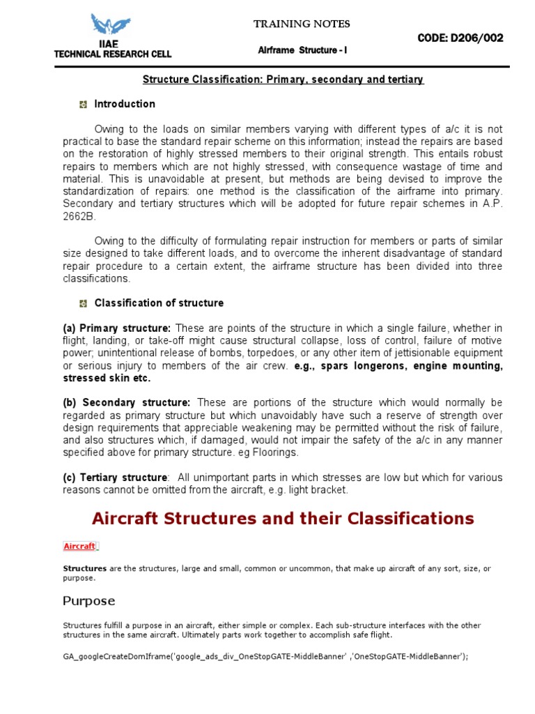 Lesson 2 STRUCTURE CLASSIFICATION | PDF | Spar (Aeronautics) | Aircraft