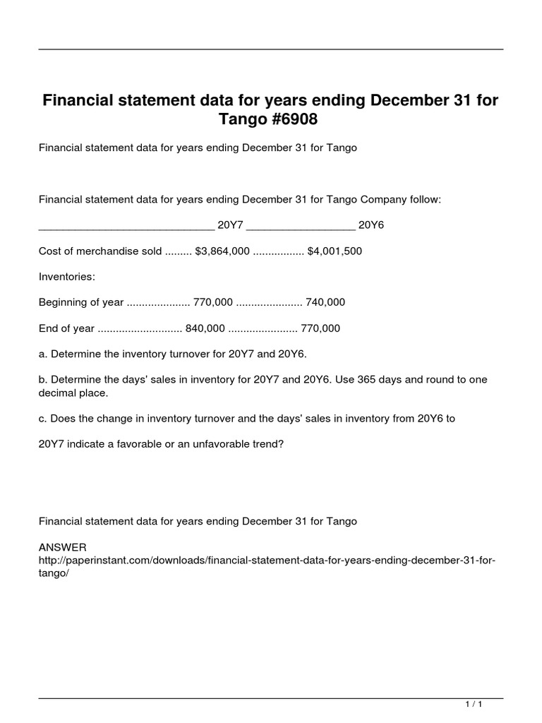 Financial Statement Data For Years Ending December 31 For Tango | PDF
