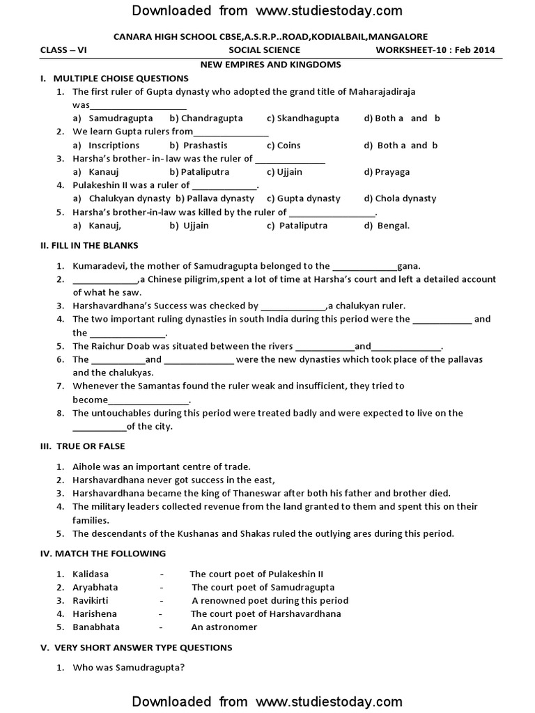 CBSE Class 6 Social Science Worksheet (6) - New Emplires and Kingdoms ...