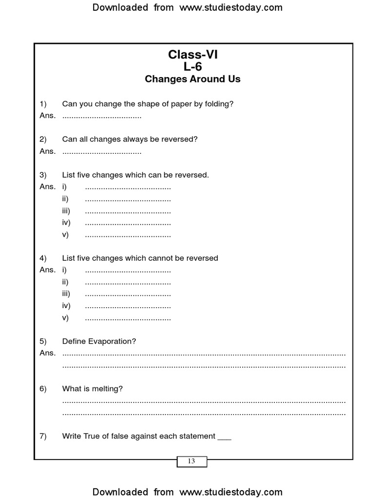CBSE Class 6 Changes Around Us Worksheet | PDF | Cuisine | Foods