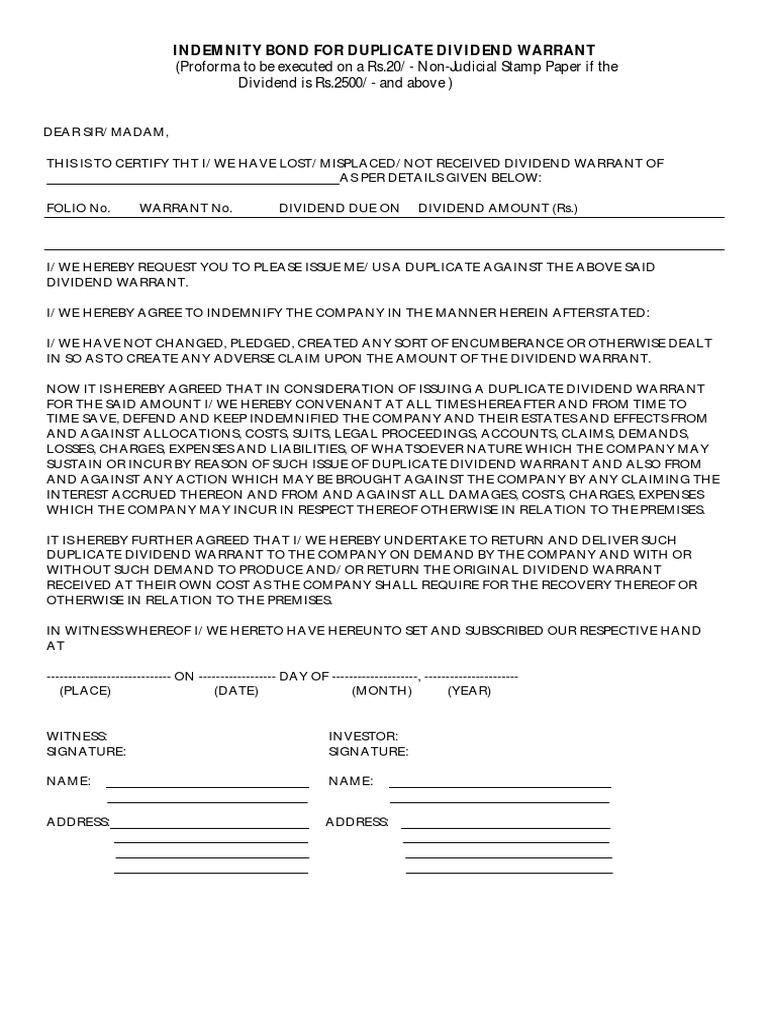 Proforma To Be Executed On A Rs.20/-Non-Judicial Stamp Paper If The ...