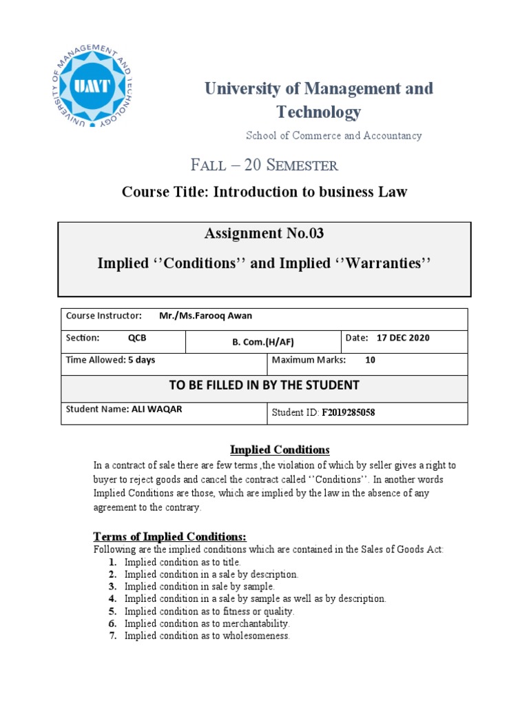 Implied Conditions and Warranties in Sales | PDF | Implied Warranty ...