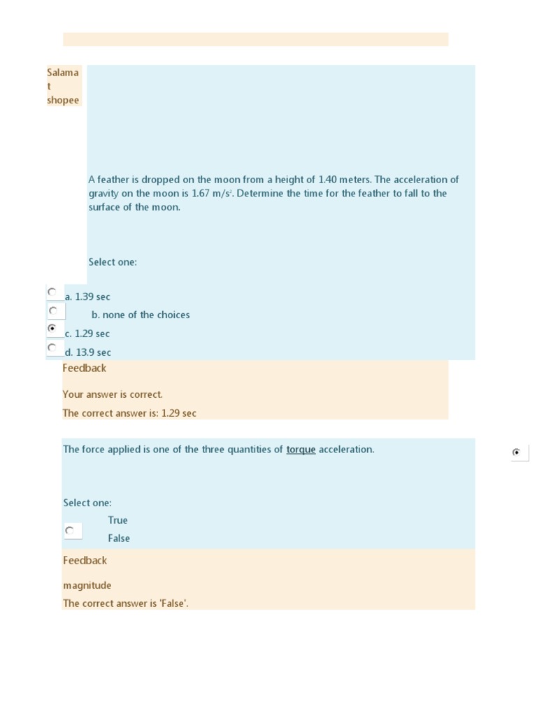 CALCULUS BASED PHYSIC1 PRE-Quiz1-FINALS | PDF | Torque | Force