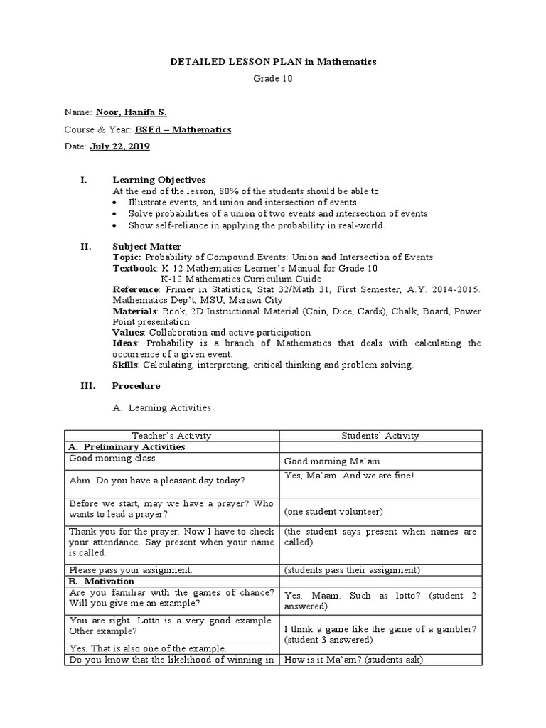 Demo DETAILED LESSON PLAN in Mathematics | Download Free PDF ...