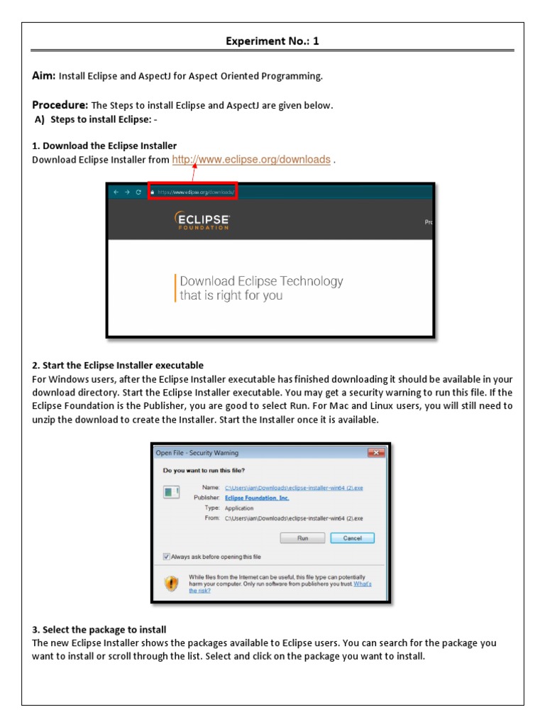 Experiment No.: 1 Aim: Procedure:: A) Steps To Install Eclipse: - 1 ...