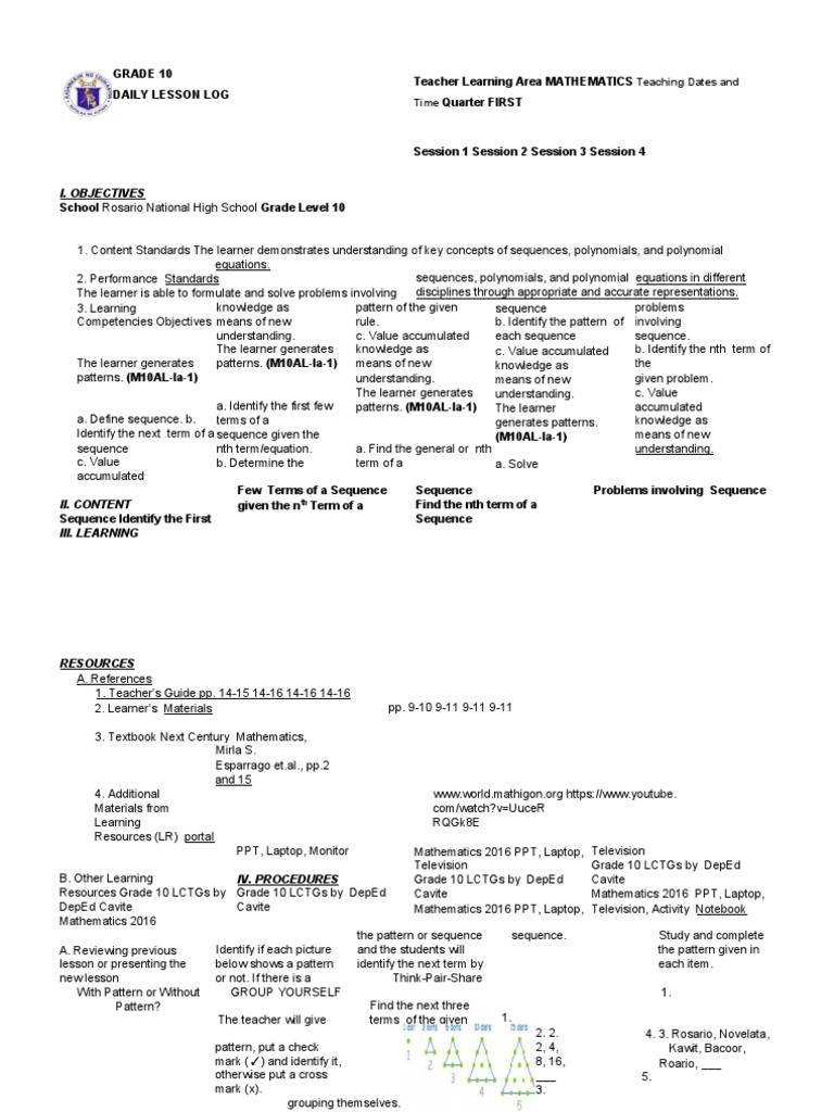 G10 - DLL - First Quarter | PDF | Mean | Sequence
