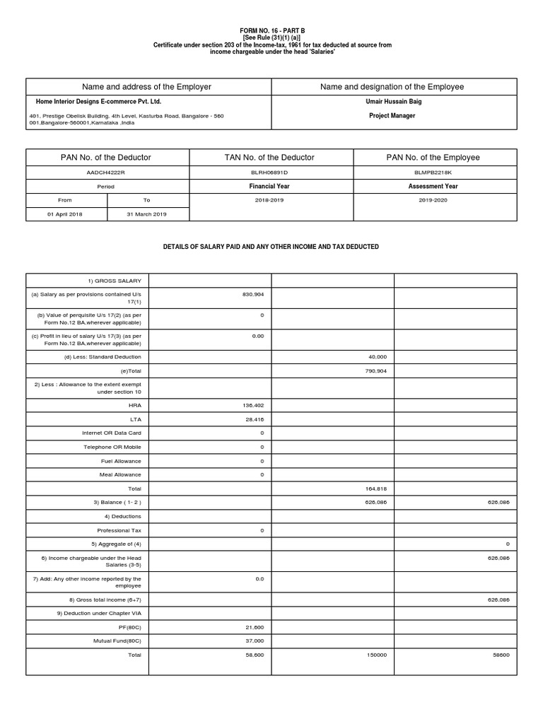 Form 16 - BLMPB2218K - 2019-20 - Part B PDF | PDF | Employee Benefits ...