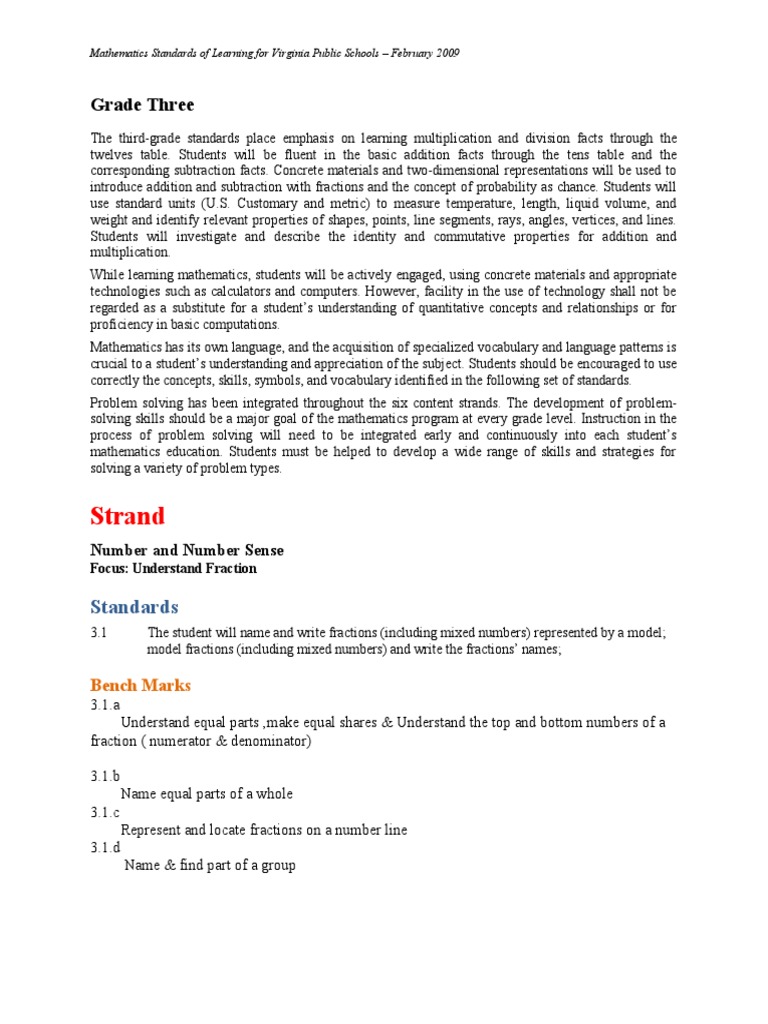 Third Grade Mathematics Standards of Learning for Virginia Public ...