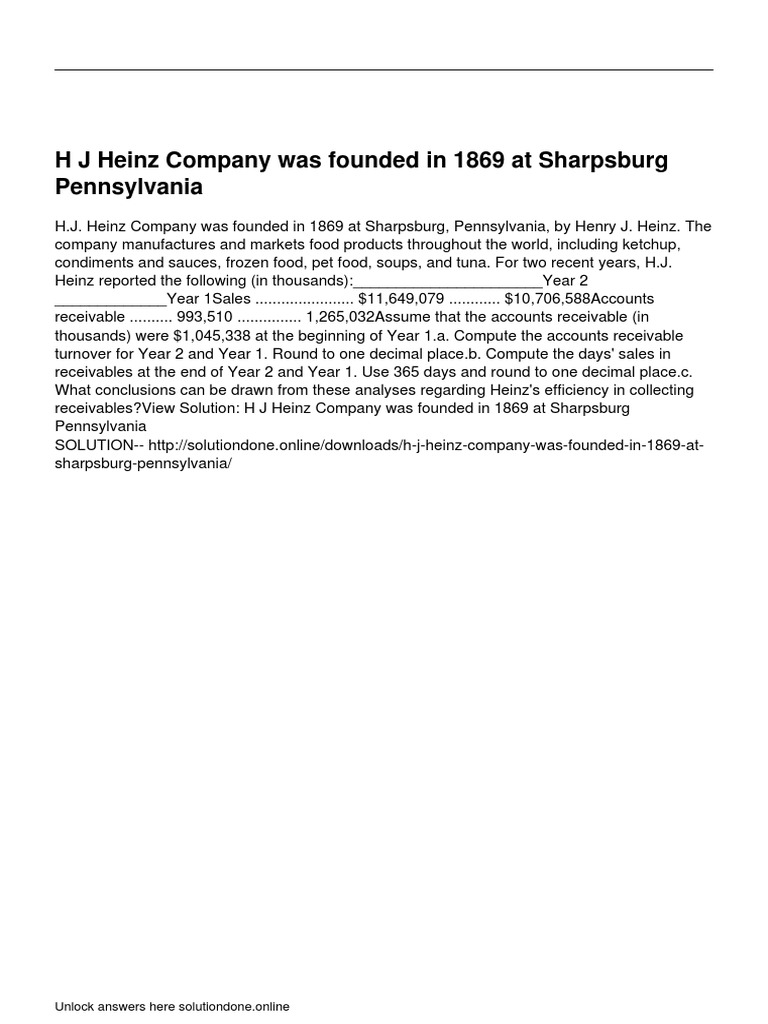 H J Heinz Company Was Founded in 1869 at Sharpsburg Pennsylvania | PDF