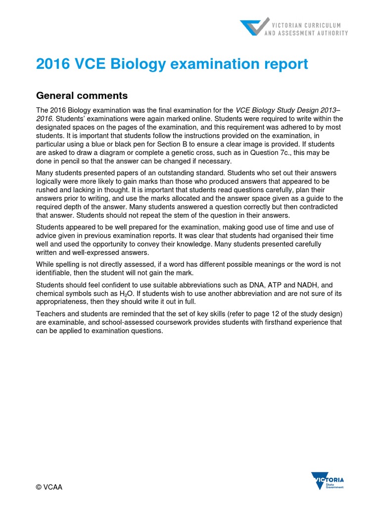 VCAA 2016 - Biology Examiner's Report | PDF | Cell (Biology) | Pyruvic Acid