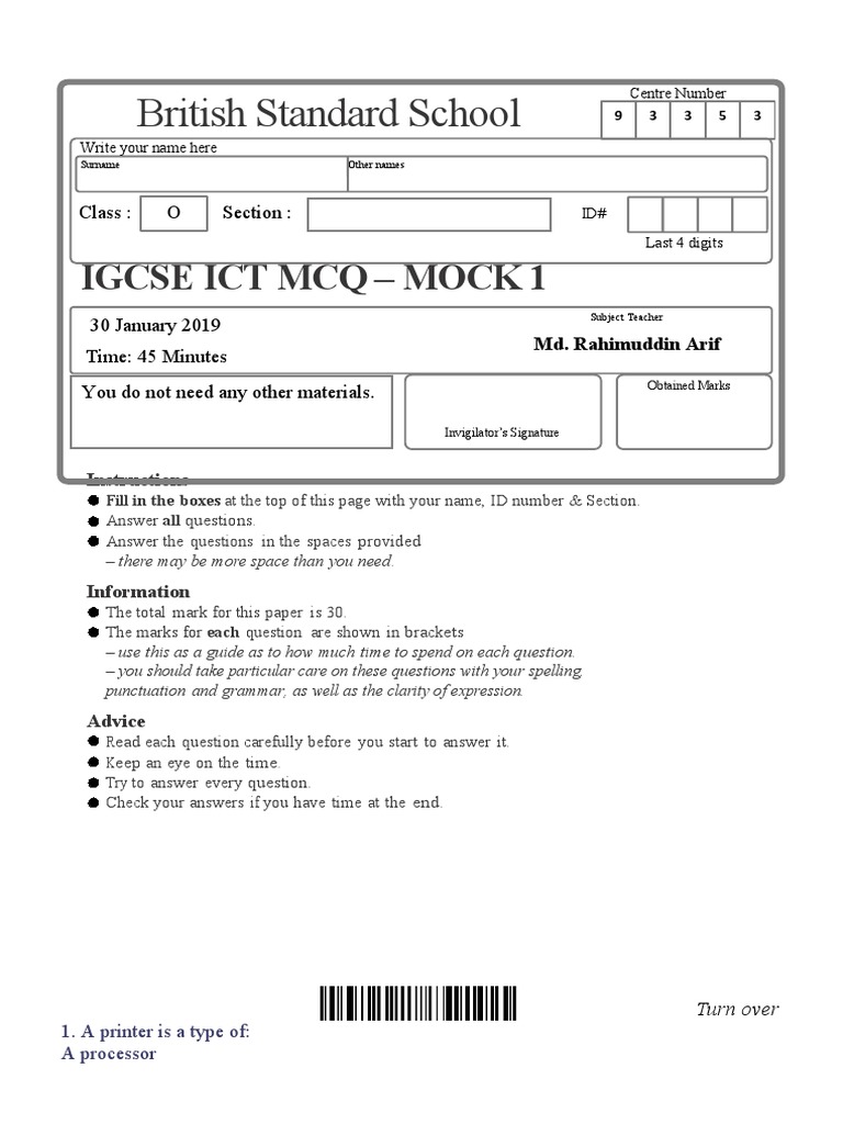 Mock IGCSE ICT Exam - Multiple Choice Questions | PDF | Computer File | Computer Data Storage