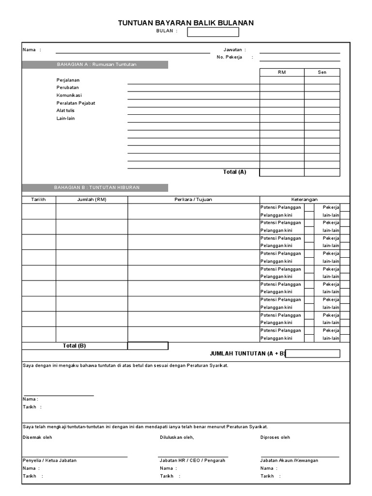 10 - Contoh Borang Tuntutan Bayaran Balik Bulanan (Reimbursement) | PDF