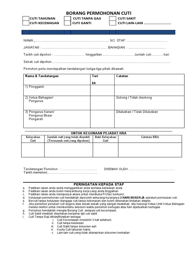 1 - Contoh Borang Permohonan Cuti | PDF | Pengelolaan Keuangan & Uang