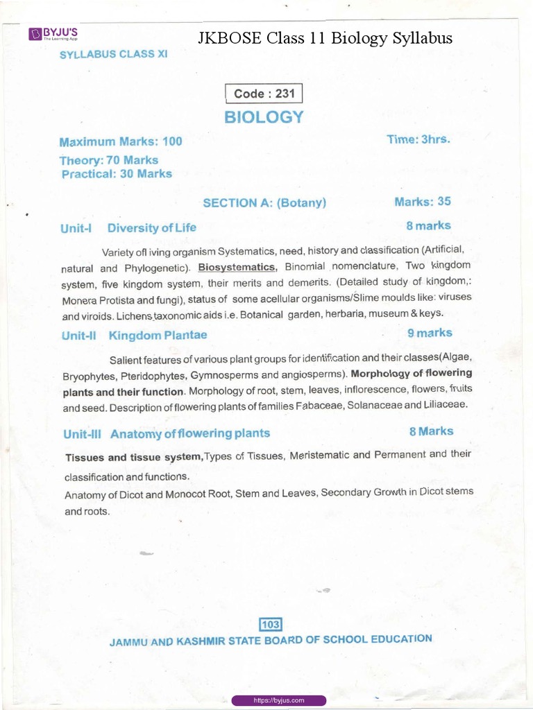 JKBOSE Class 11 Biology Syllabus | PDF