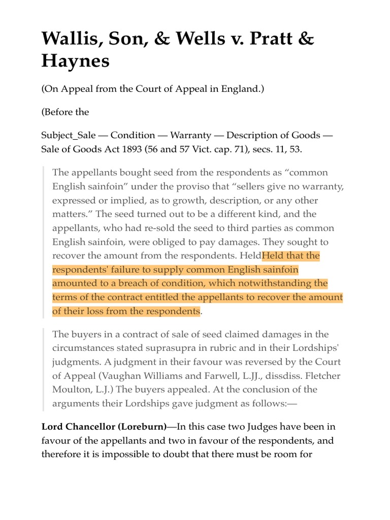 Wallis v Pratt: Seed Sale Dispute | PDF | Breach Of Contract | Law Of ...