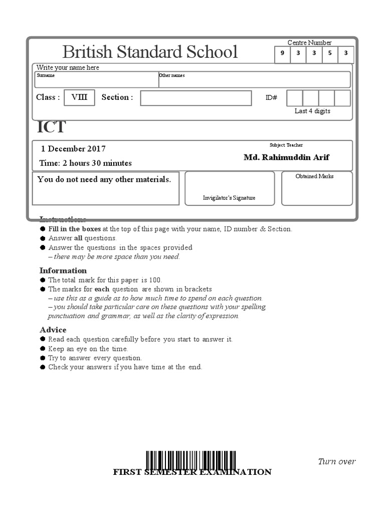 ICT Exam Paper for Class VIII | PDF | Input/Output | Computer Data Storage