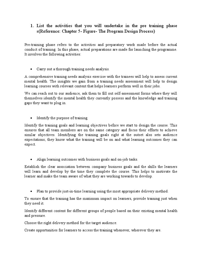 List The Activities That You Will Undertake in The Pre Training Phase S ...