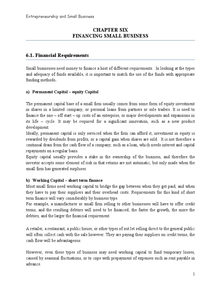 Chapter Six Financing Small Business: A) Permanent Capital - Equity ...