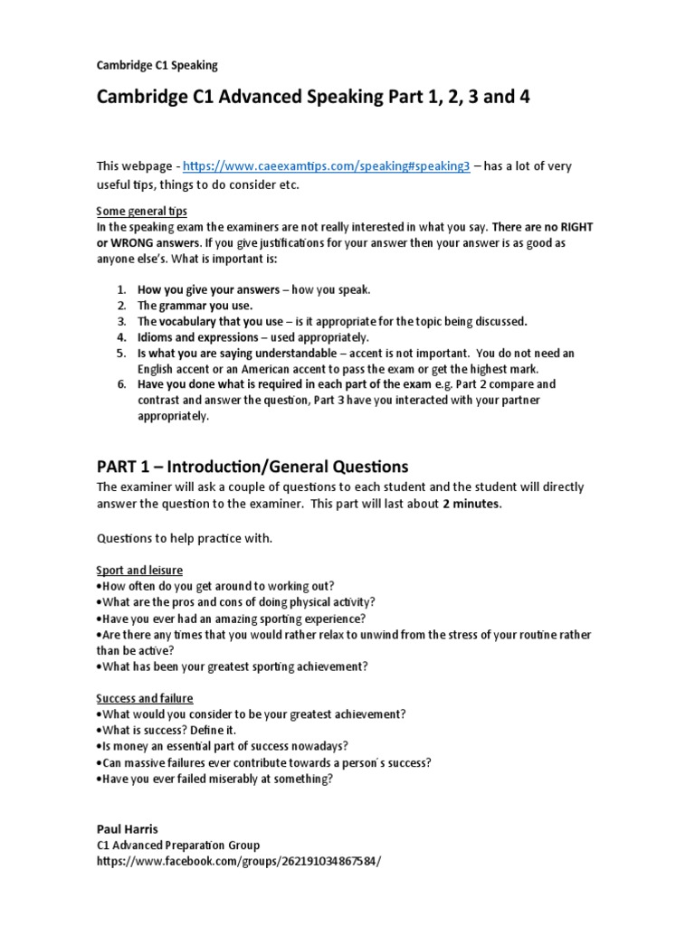 Cambridge C1 Advanced Speaking Part 1, 2 3 and 4 | PDF | Test ...