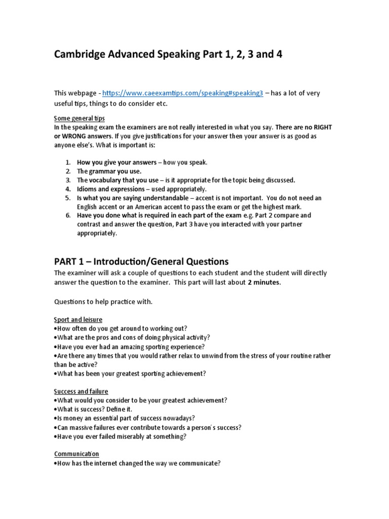 Cambridge Advanced Speaking Part 1, 2 3 and 4 | PDF