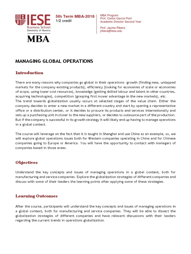 Managing Global Operations: 5th Term MBA-2016 | PDF | Globalization ...