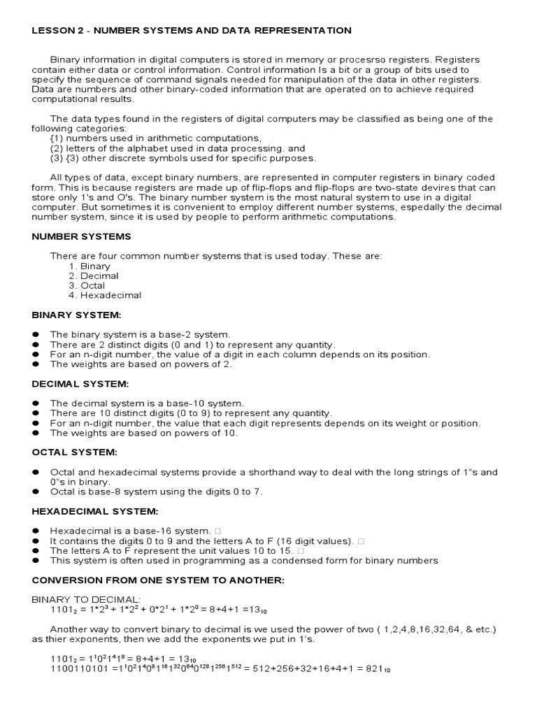 Lesson 2 - Number Systems and Data Representation | PDF | Teaching ...