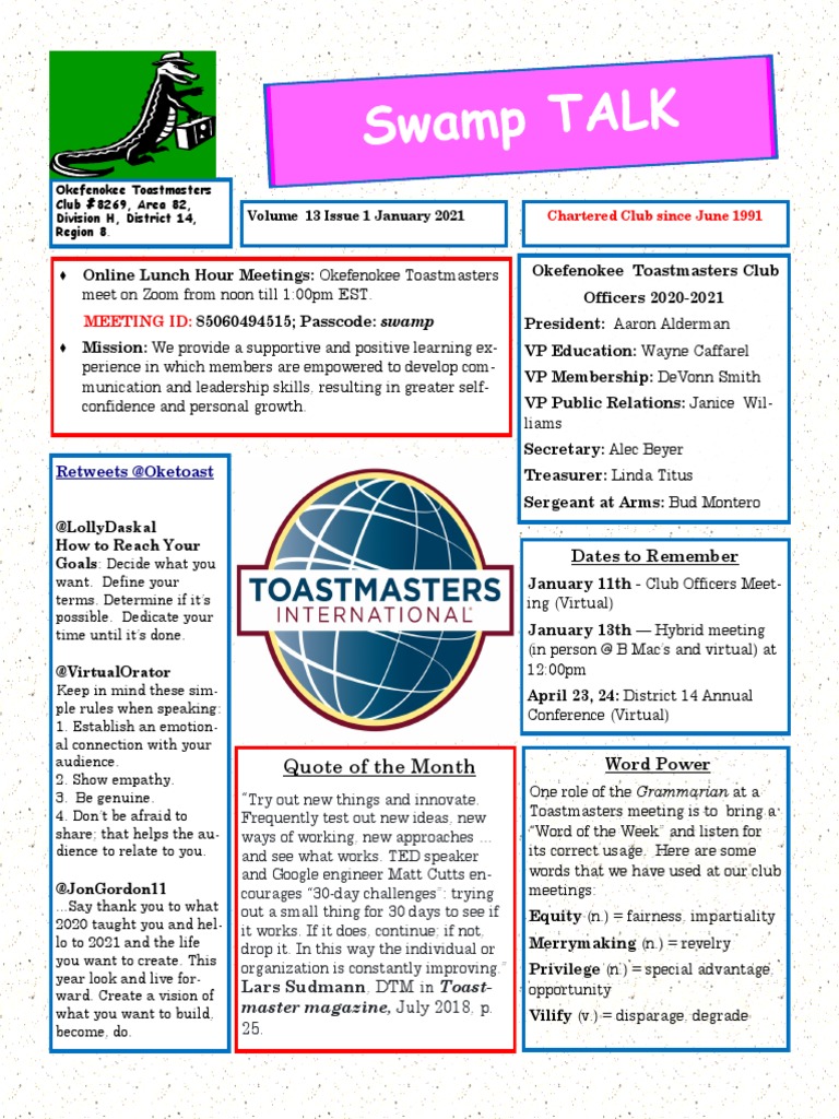 Swamp Talk, Okefenokee Toastmasters Newsletter, January 2021 | PDF ...