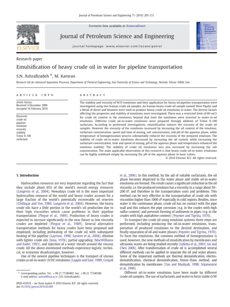 Emulsification of Heavy Crude Oil in Water For Pipeline Transportation ...