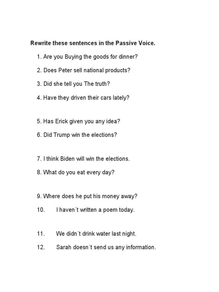 Exercise On Passive Voice - Rewrite These Sentences in The Passive ...