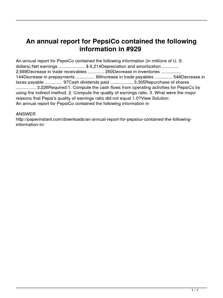 An Annual Report For Pepsico Contained The Following Information in | PDF
