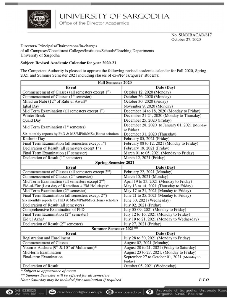 UOS Revised Academic Calendar 2020-21 | PDF | Academic Term | Course Credit
