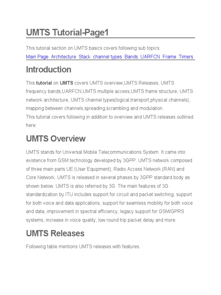 UMTS Tutorial-Page1: Main Page Architecture Stack Channel Types Bands Uarfcn Frame Timers | PDF ...