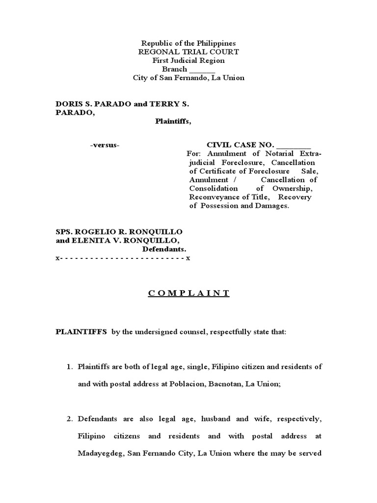 Annulment of Notarial Extrajudicial Foreclosure Sale Re Parado VS ...