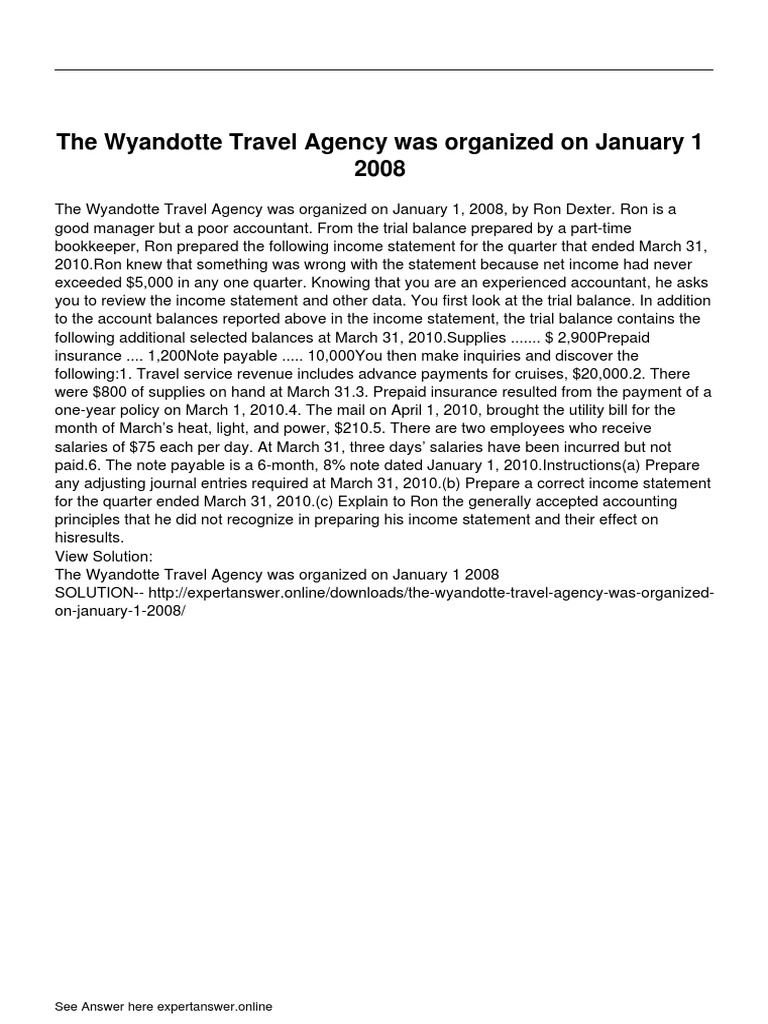 The Wyandotte Travel Agency Was Organized On January 1 2008 | Download ...