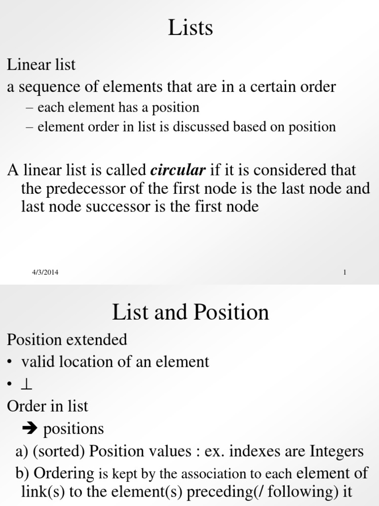 Lists: Linear List A Sequence of Elements That Are in A Certain Order ...