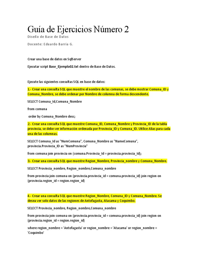 Guía de Ejercicios SQL BaseDatos - 2020 (ENTREGABLE) | PDF | SQL | Gestión de tecnología de la ...