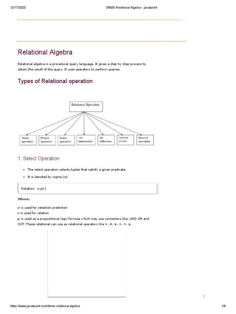 DBMS Relational Algebra - Javatpoint | PDF | Relational Model | Mathematical Concepts