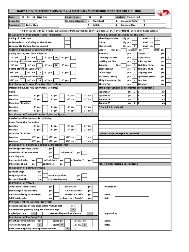Daily Activity Accomplishments and Materials Monitoring Sheet For Fire ...
