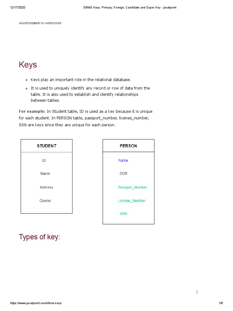 1DBMS Keys - Primary, Foreign, Candidate and Super Key - Javatpoint PDF | PDF | Information ...
