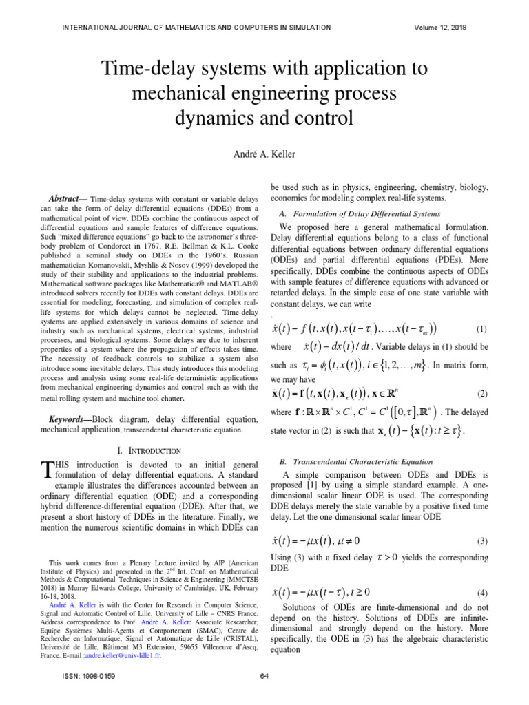 Time-Delay Systems With Application To Mechanical Engineering Process ...