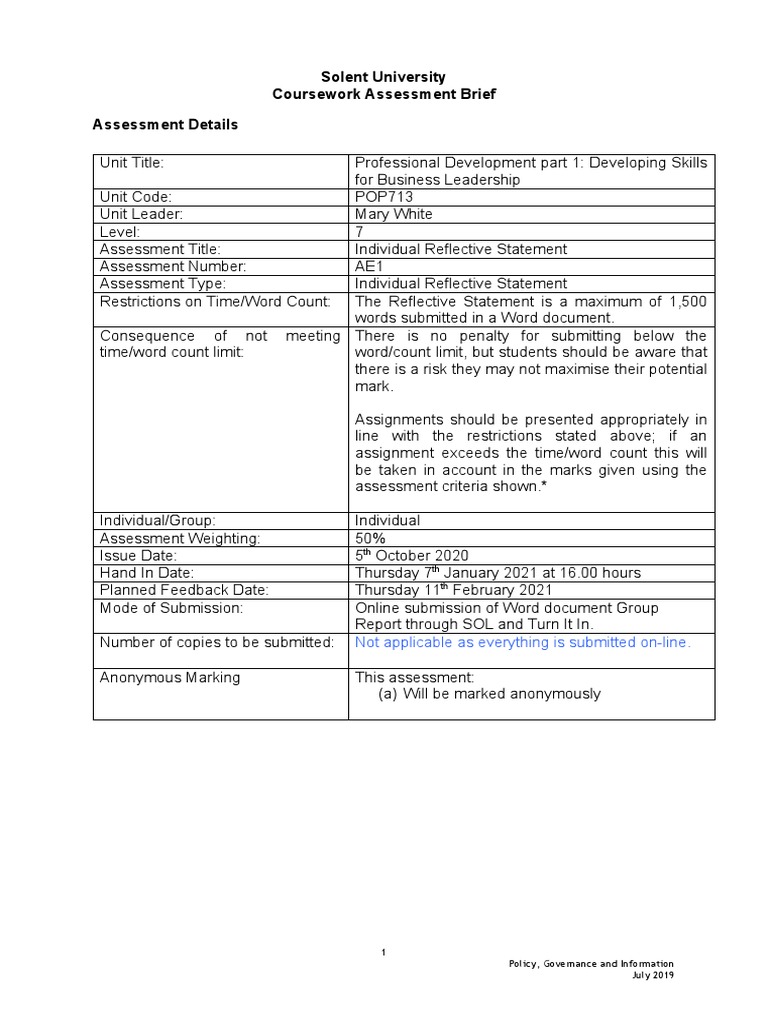 POP713 AE2 Individual Reflective Statement (V1) 20200805 | PDF | Governance | Negotiation