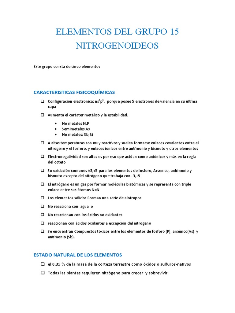 Elementos Del Grupo 15 | PDF | Nitrógeno | Arsénico