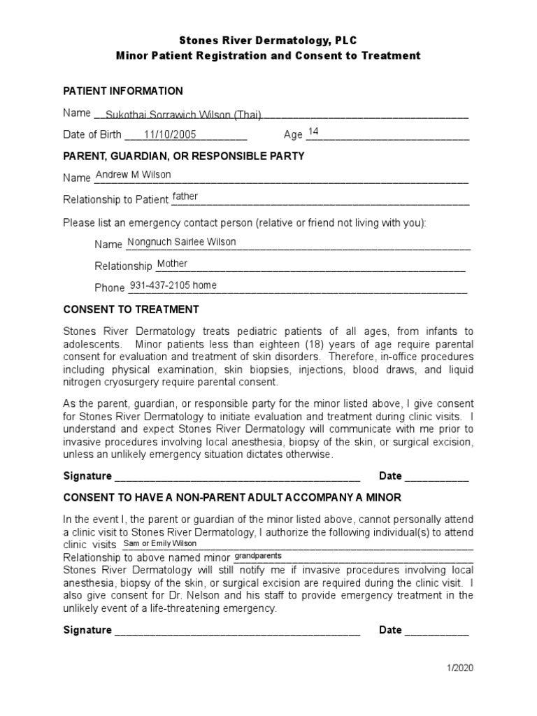 SRD Minor Patient Consent To Treatment 2020 Done | PDF | Dermatology ...