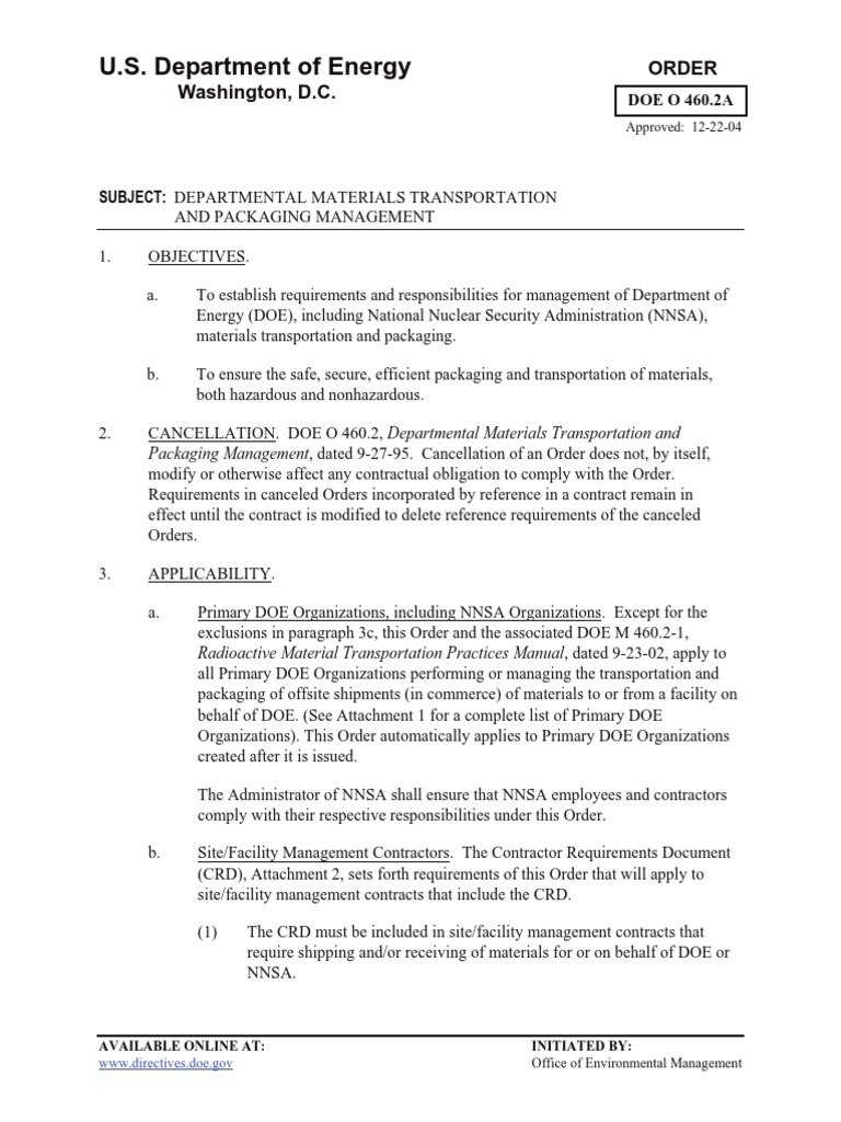 DOE Order 460.2a. 2004 | PDF | United States Department Of Energy | Cargo