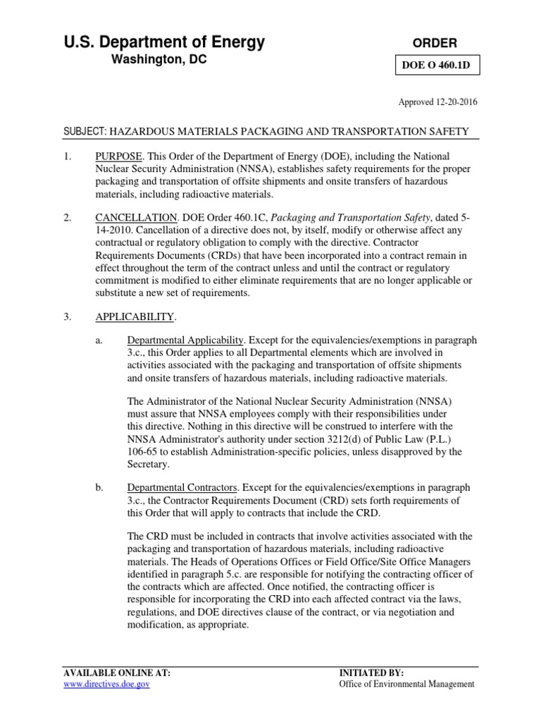 DOE Order 460.1D | PDF | United States Department Of Energy | Dangerous ...